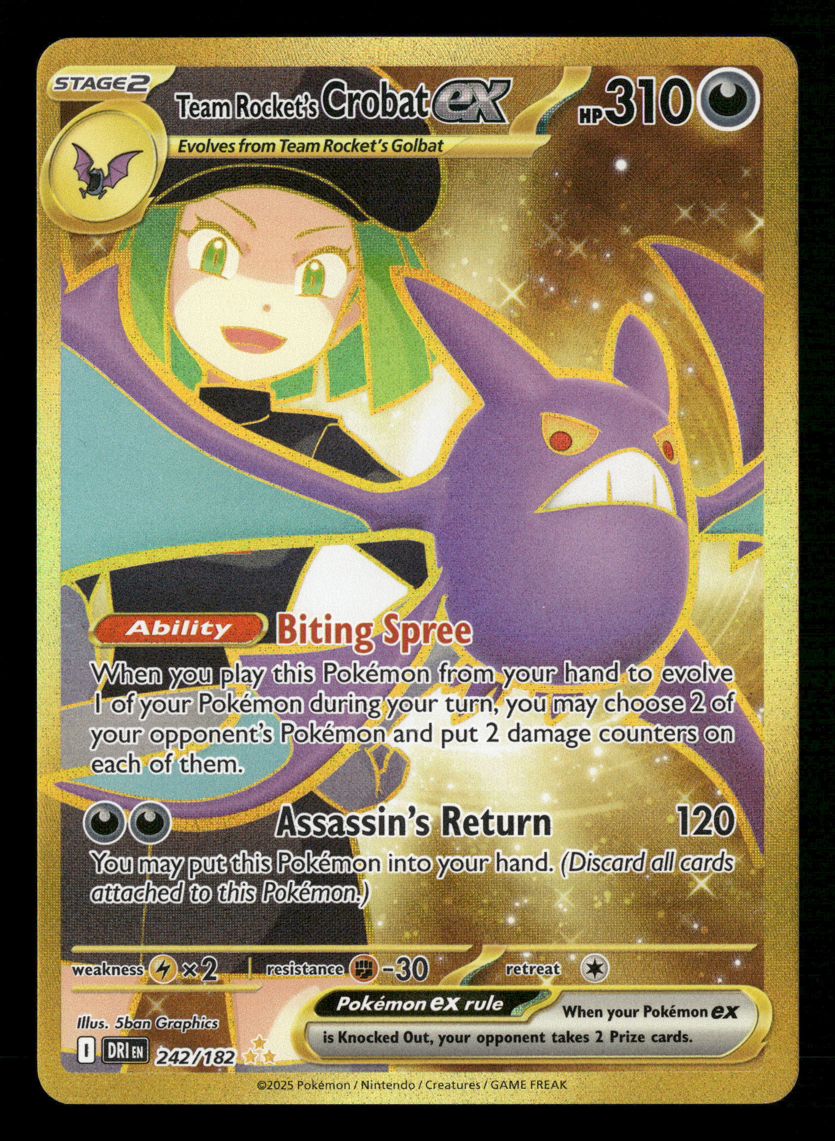 2025 Pokemon Destined Rivals 242/182 Team Rocket's Crobat ex Gold Secr