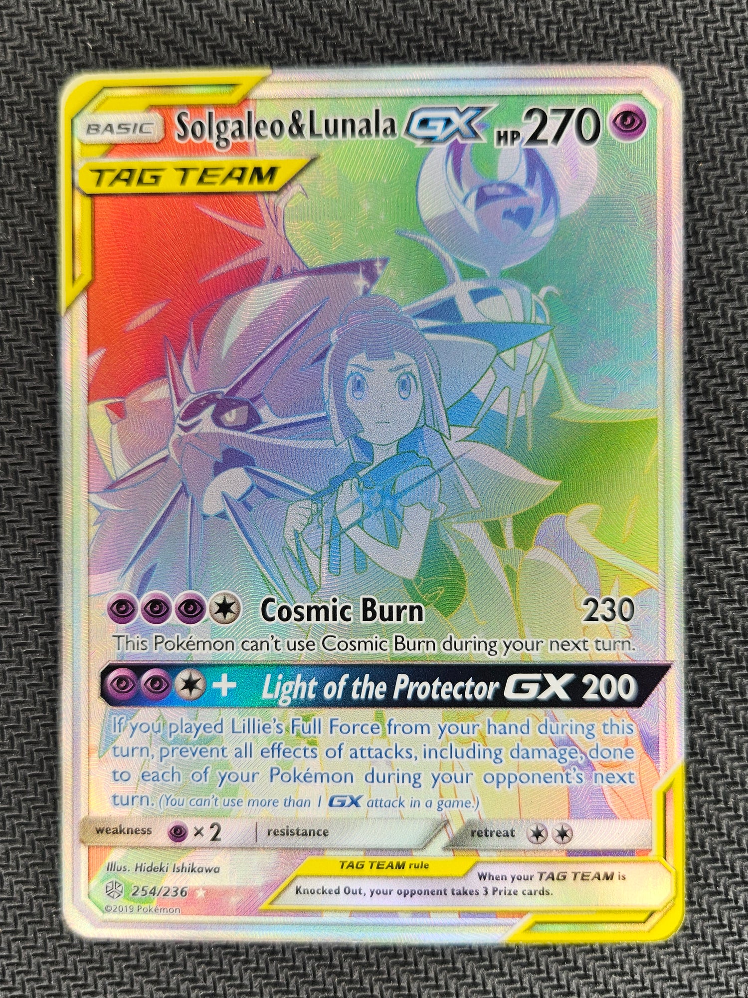 2019 Pokemon SM Cosmic Eclipse 254/236 Solgaleo & Lunala GX Rainbow – Mint Collectables