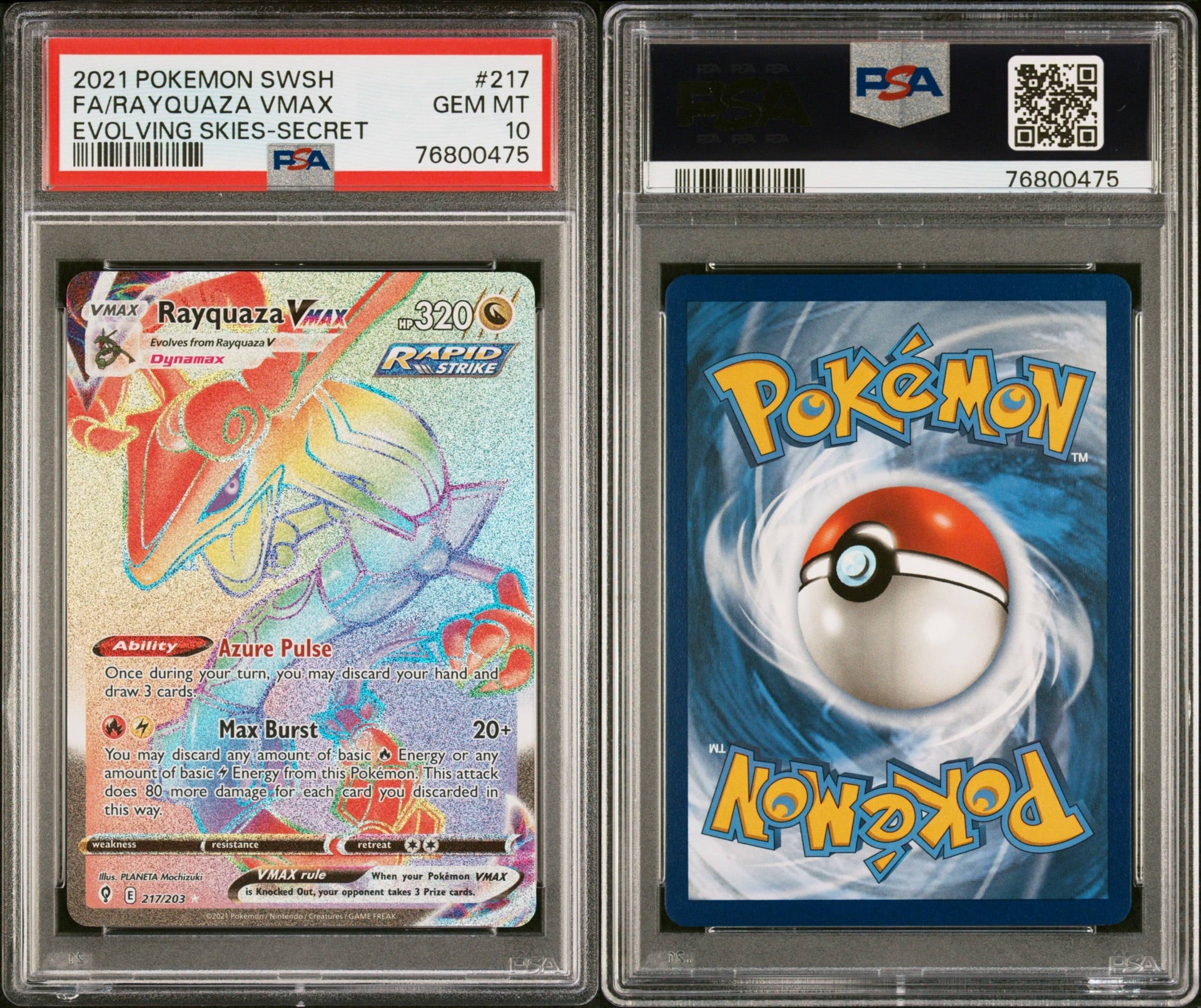 2021 Pokemon Evolving Skies 217/203 Rayquaza Vmax Secret Rare PSA 10